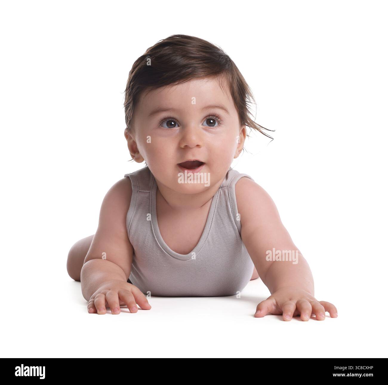 Cute little baby crawling on white background Stock Photo - Alamy
