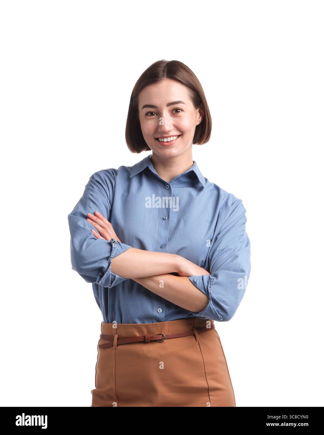 Portrait of smiling hostess in uniform on white background Stock Photo ...