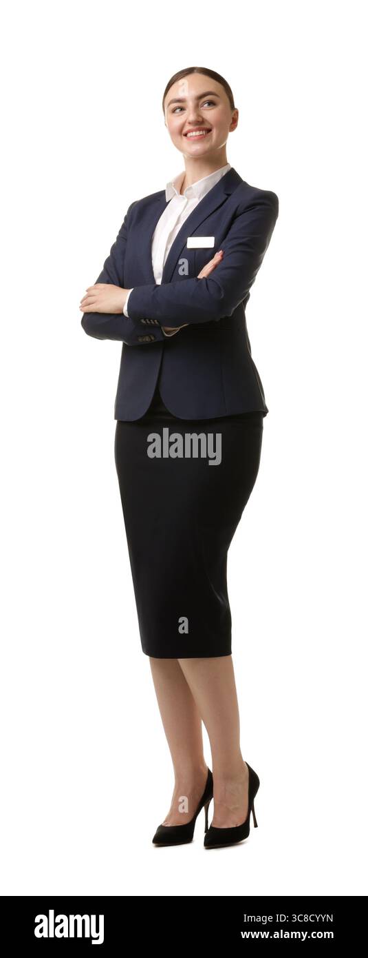 Portrait of hostess in uniform on white background Stock Photo - Alamy