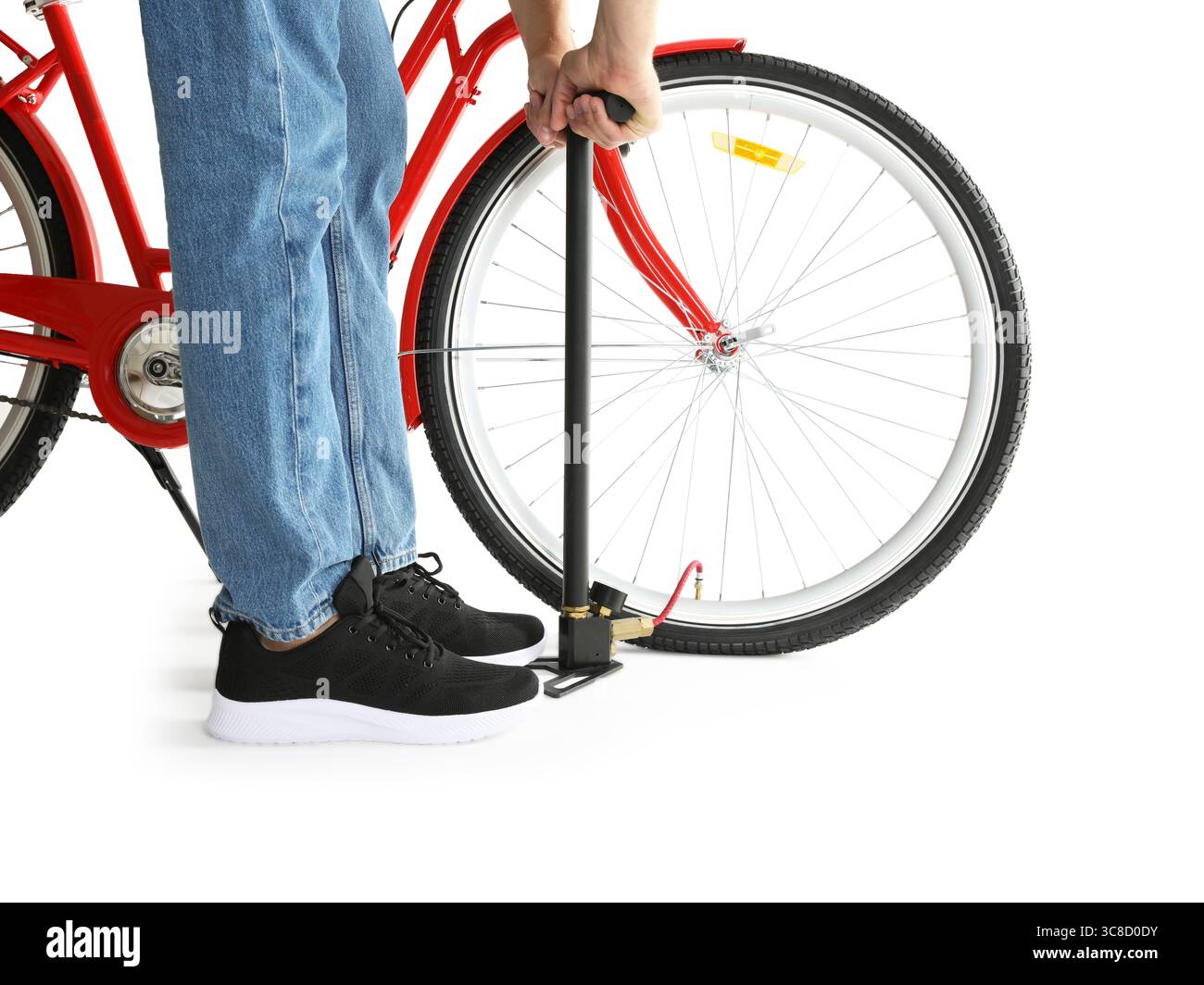 Man inflating bicycle tire with manual air pump on white background ...