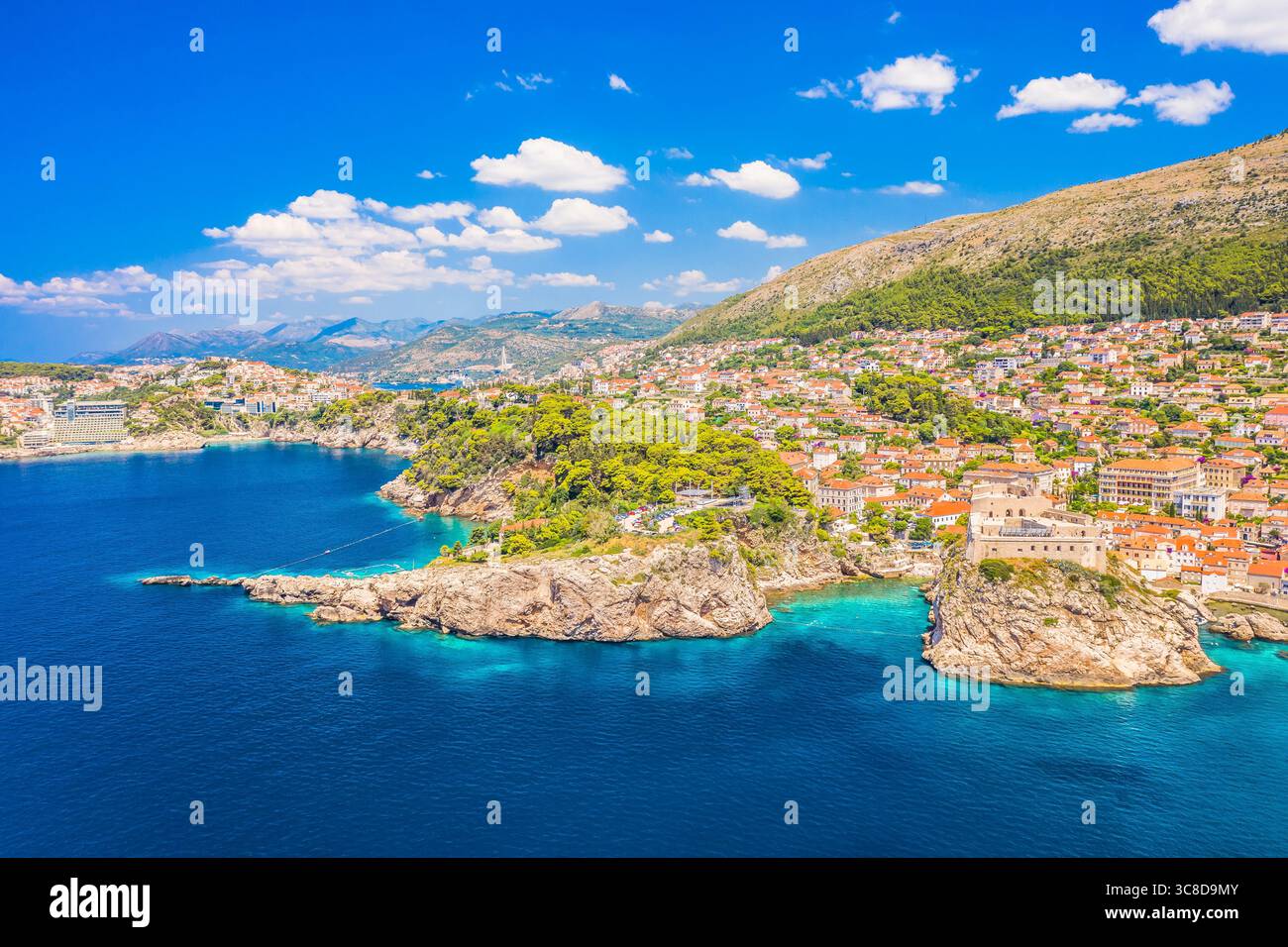 Drone photo of Dubrovnik showing rugged Adriatic coastline, cliffs ...