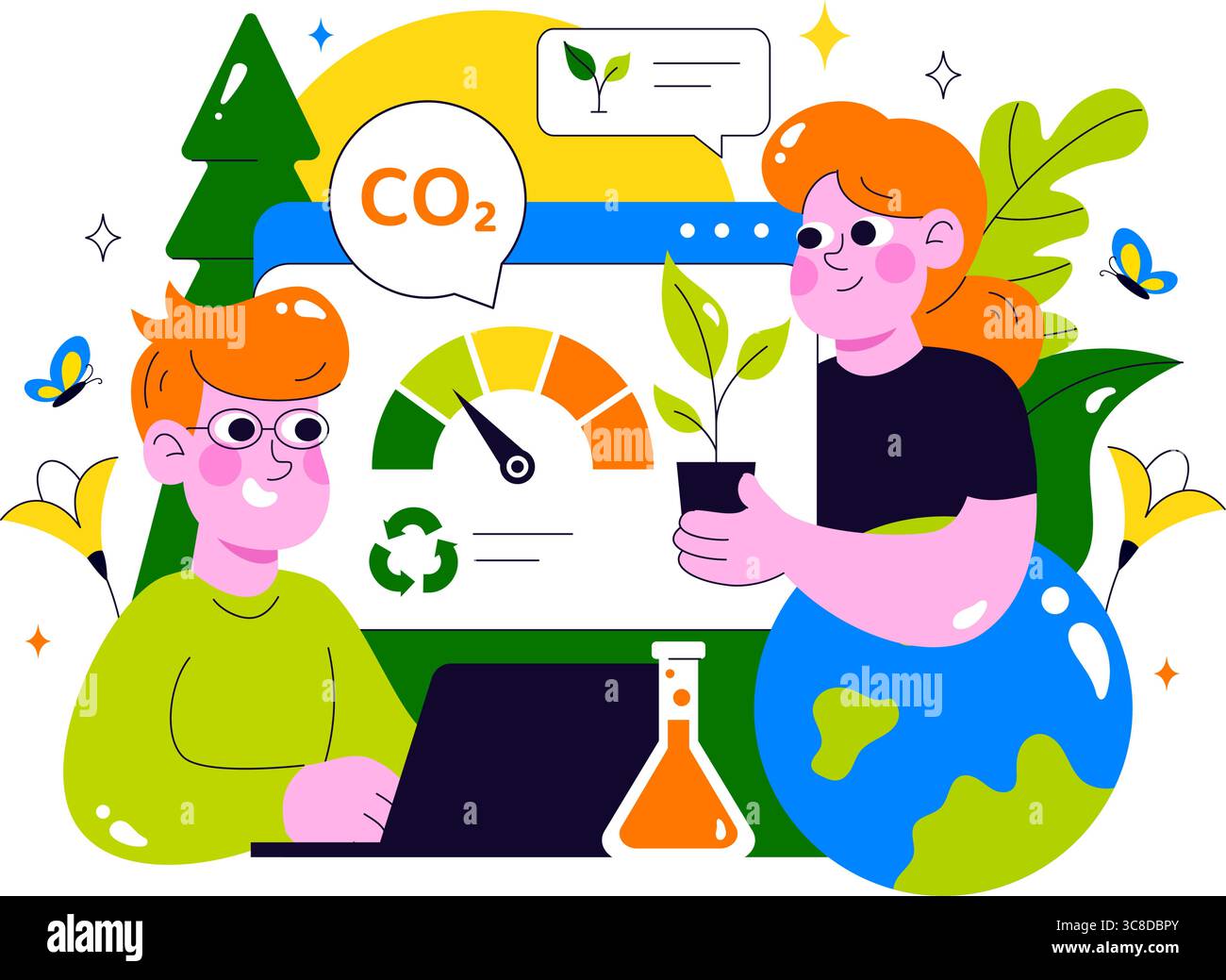 Carbon Footprint Reduction Illustration featuring Environmental Pollution Effect Analysis with ...