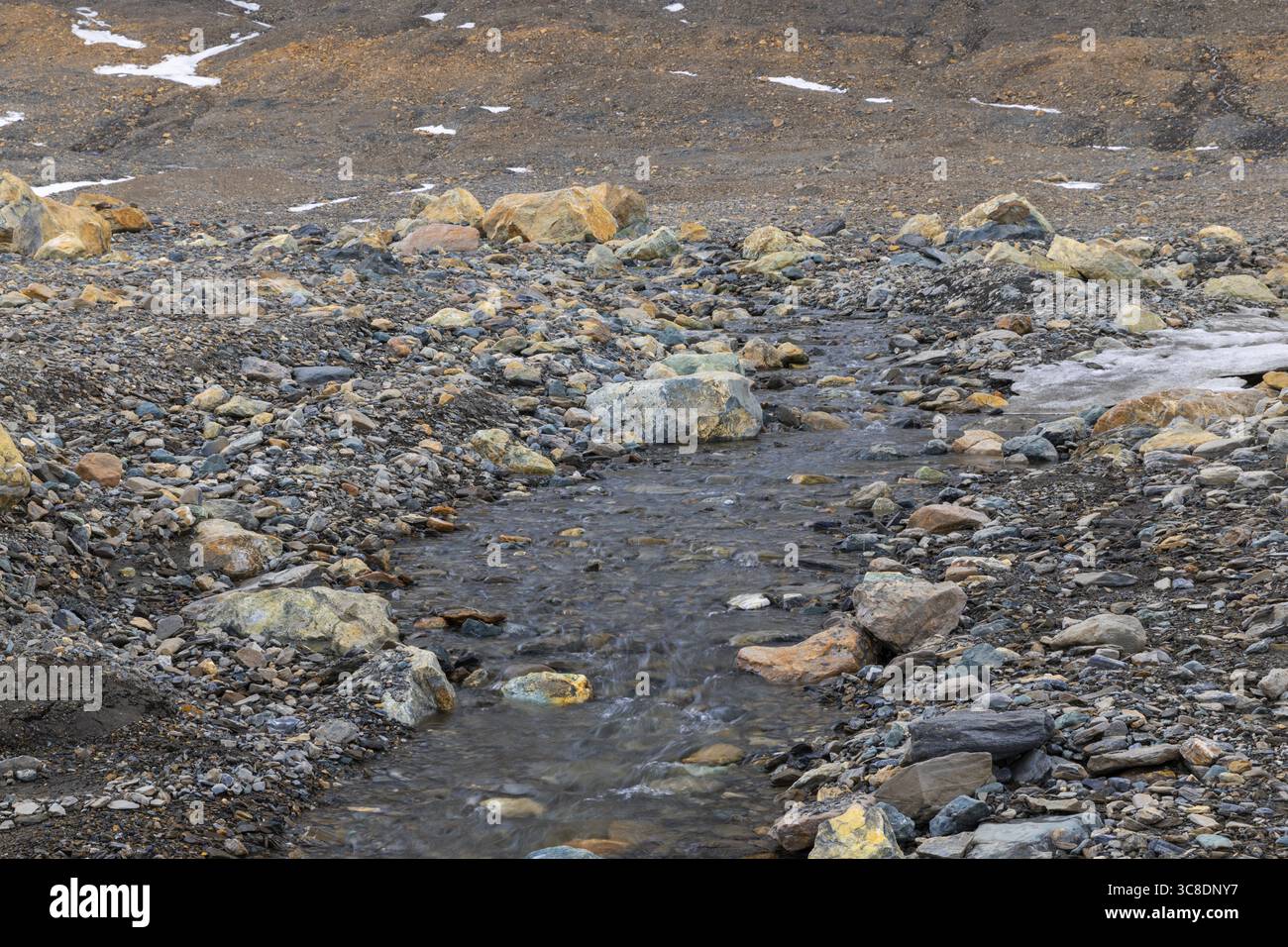 Former glacier area, stones, water, Cooper Camp, Spitsbergen, Svalbard ...