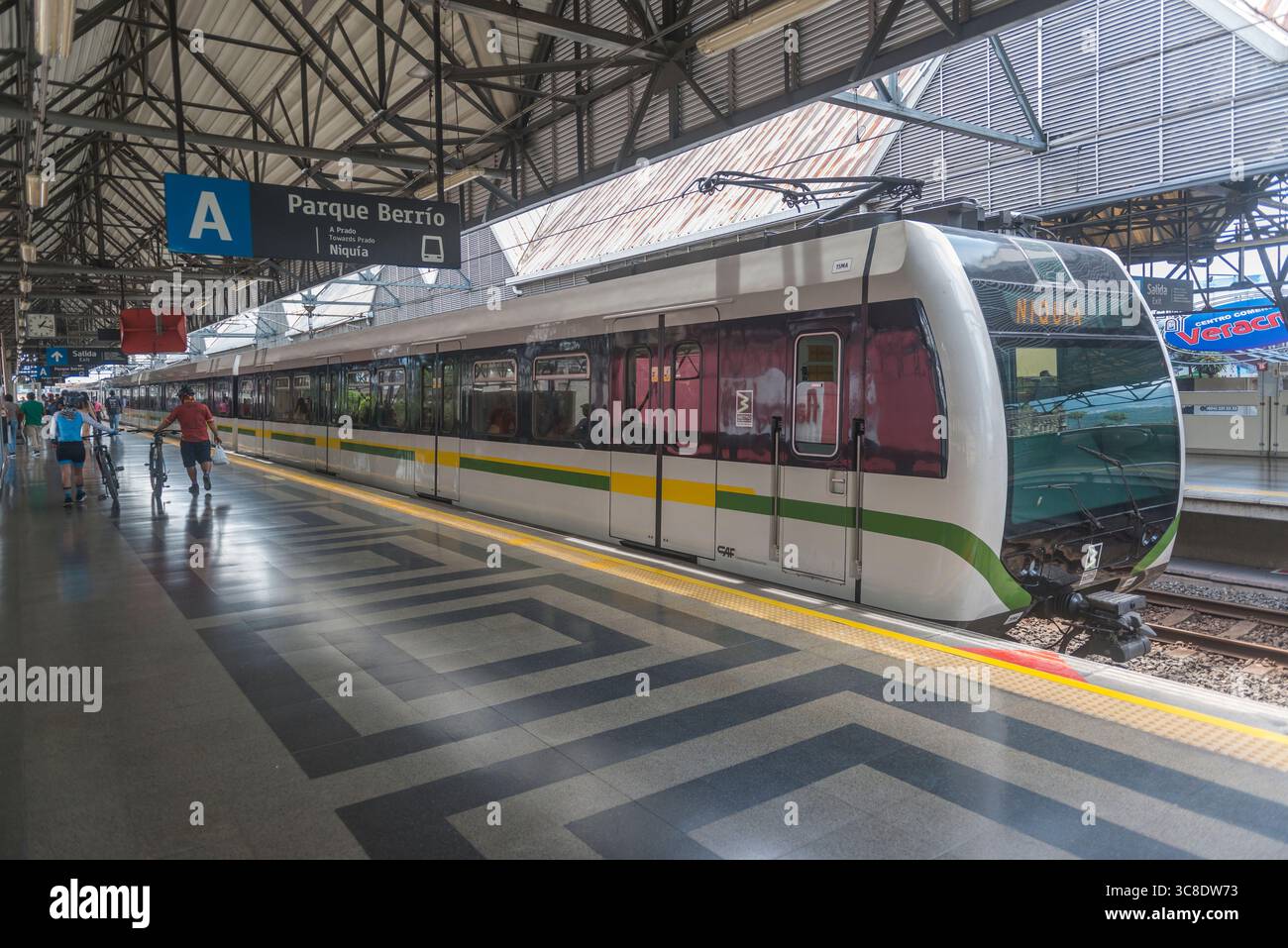 Metro train at Platform A in Berrio Park Station in Medellin, Colombia ...