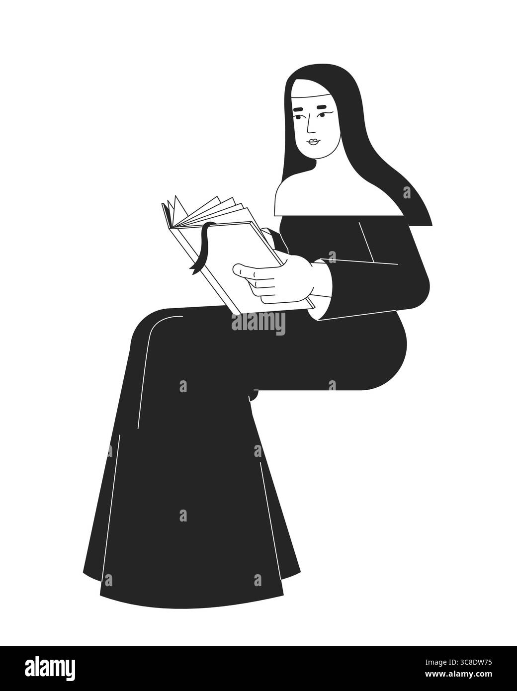Catholic nun reading holy book attentively 2D line character Stock ...