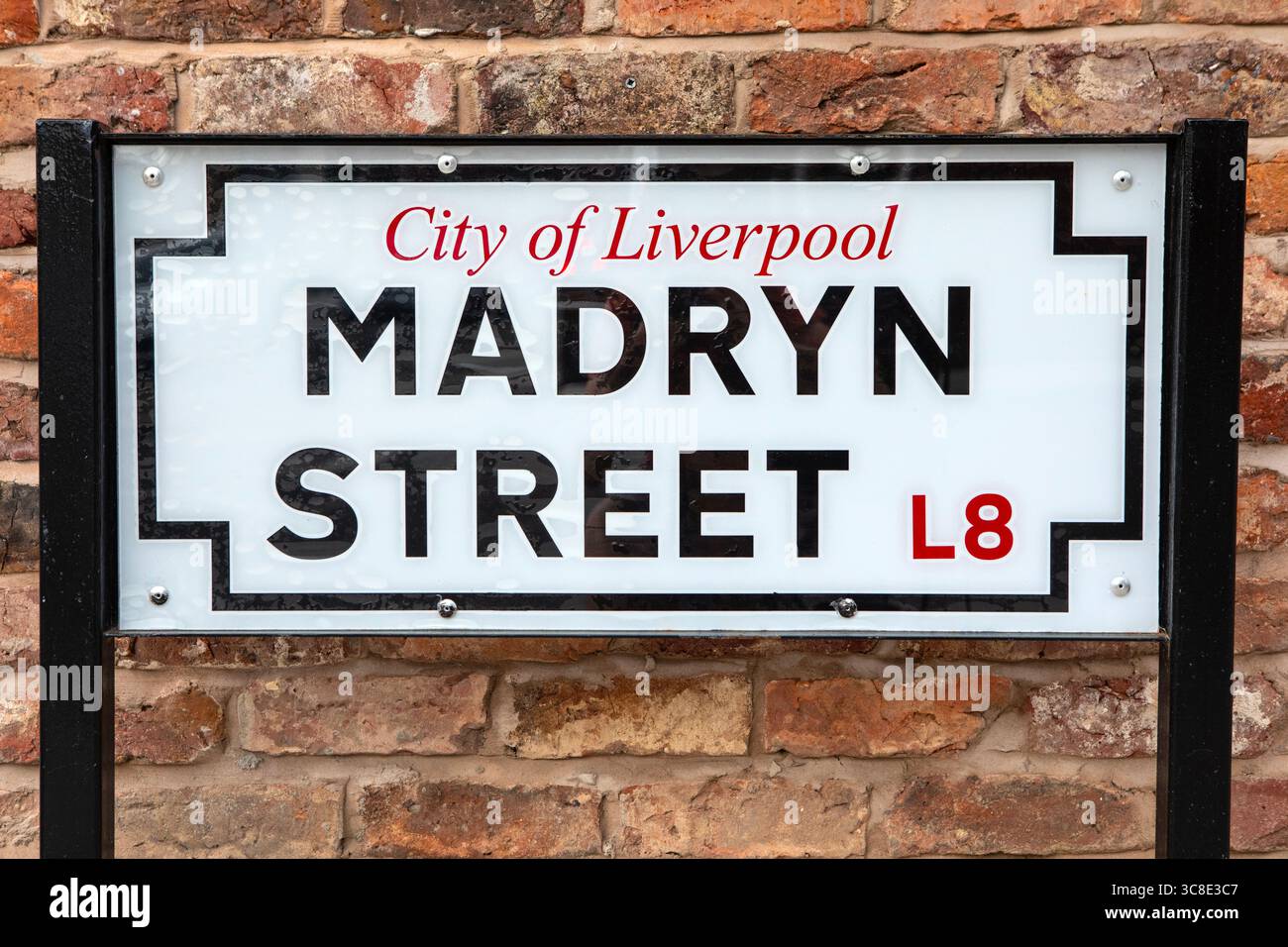 Street sign for Madryn Street in Liverpool, UK. The street is famous ...