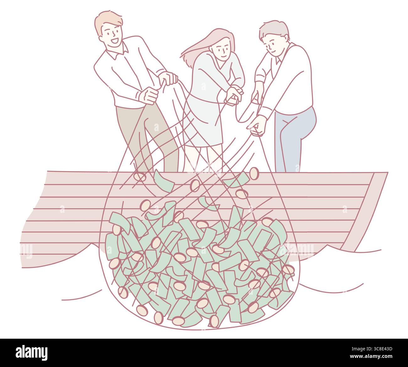 Three fishermen work together to haul in a large net full of fish ...