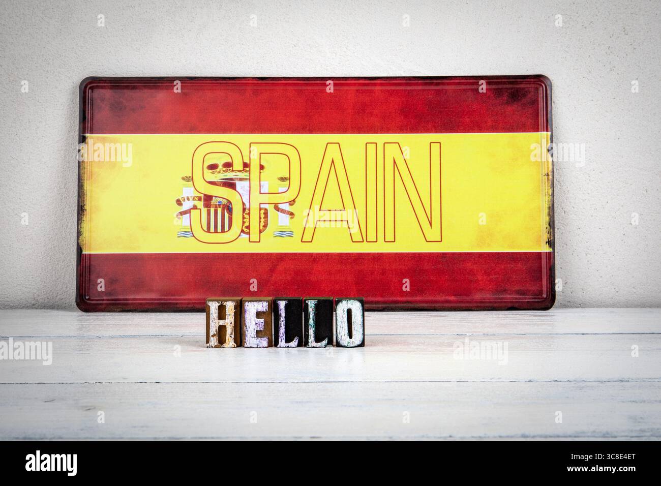Hello Message with Wooden Letters in Front of Spanish Flag Stock Photo ...
