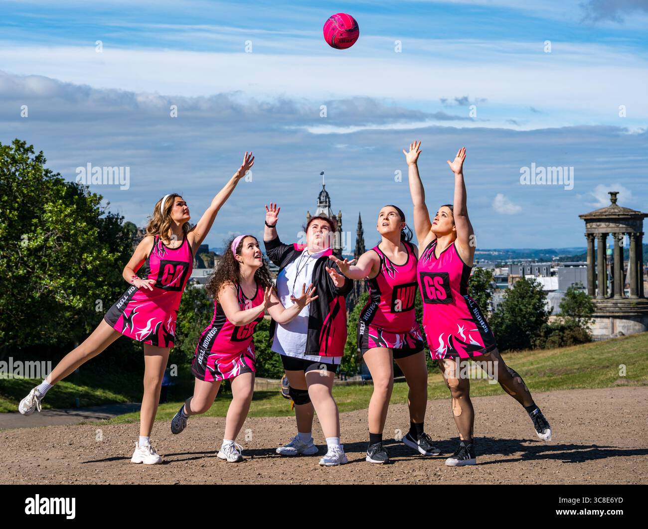 Performers in Lady Macbeth Played Wing Defence pose on Calton Hill ...