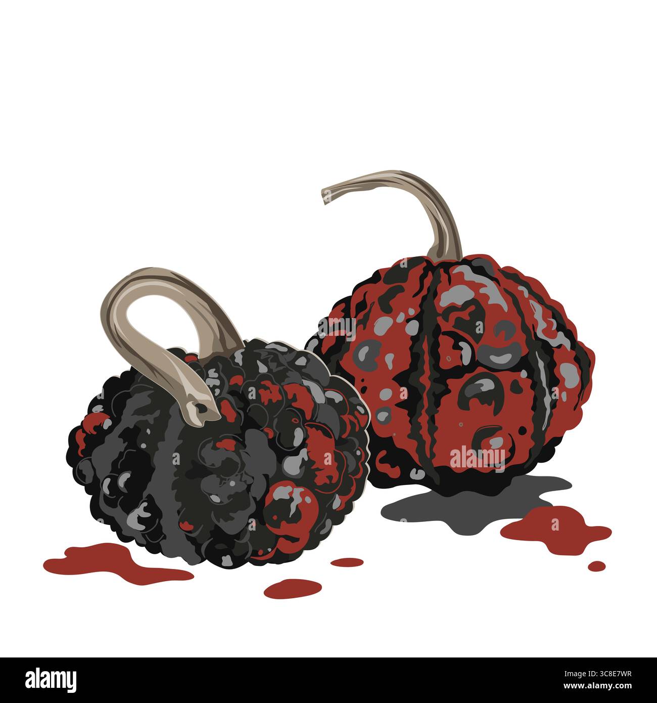 Scary decorative pimpled pumpkins decorated with red paint isolated on ...