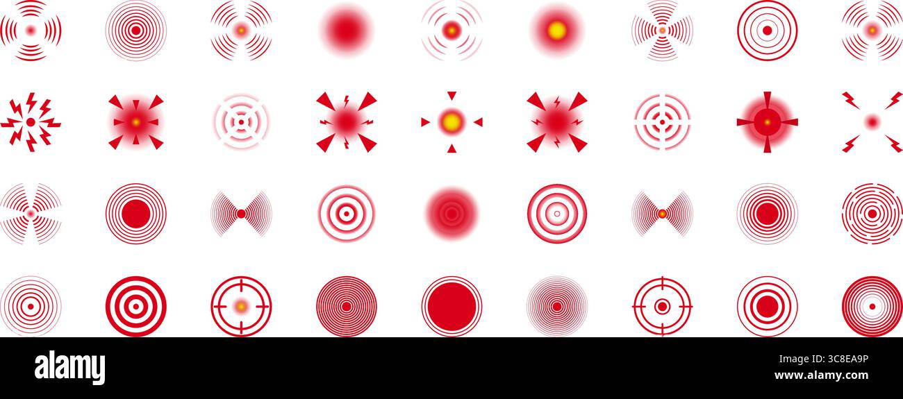 Red Pain Pulse and Target Circle Indicators Icon Set. Ache Localization ...