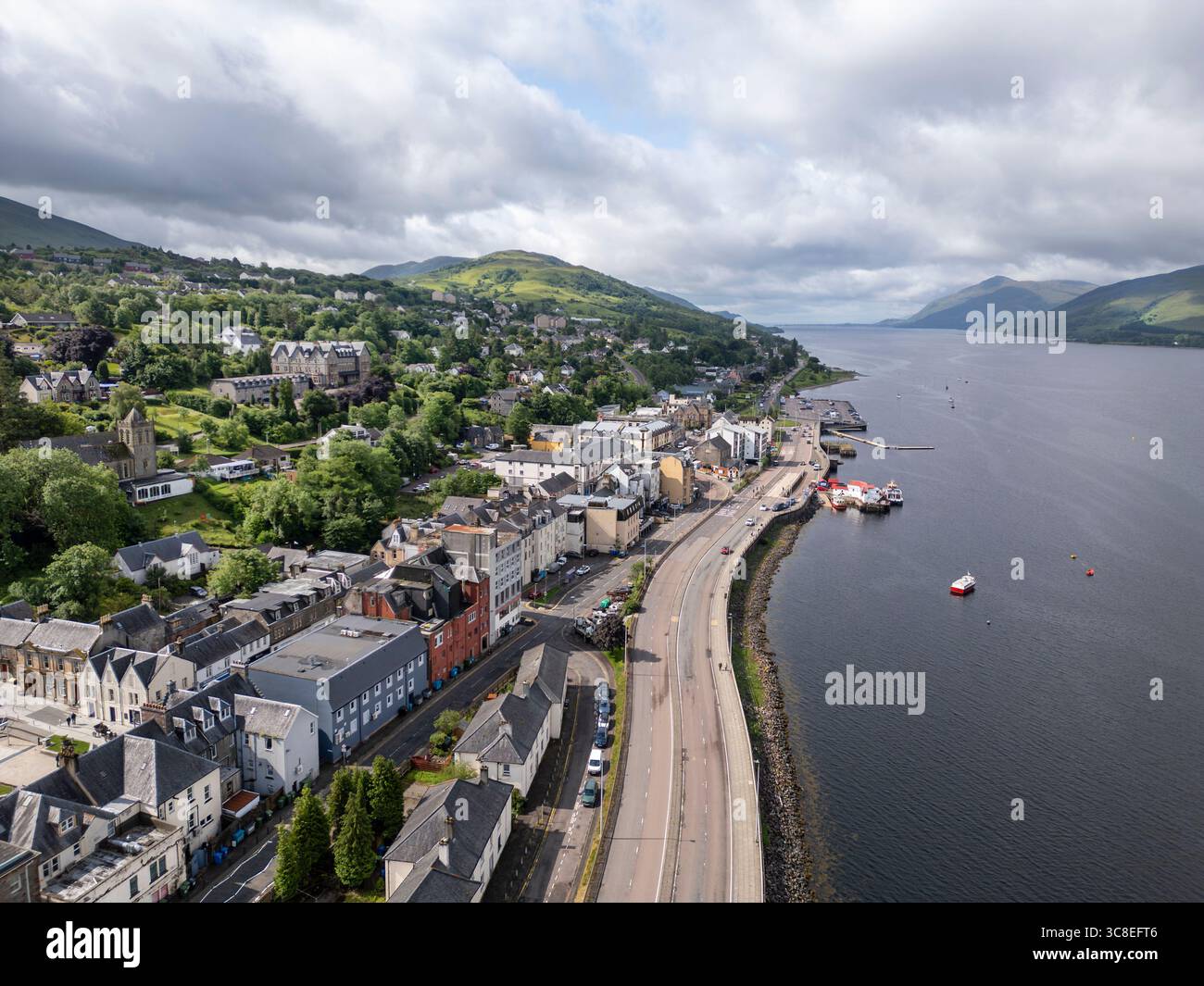 Drone view of Fort William town centre beside Loch Linnhe in the ...