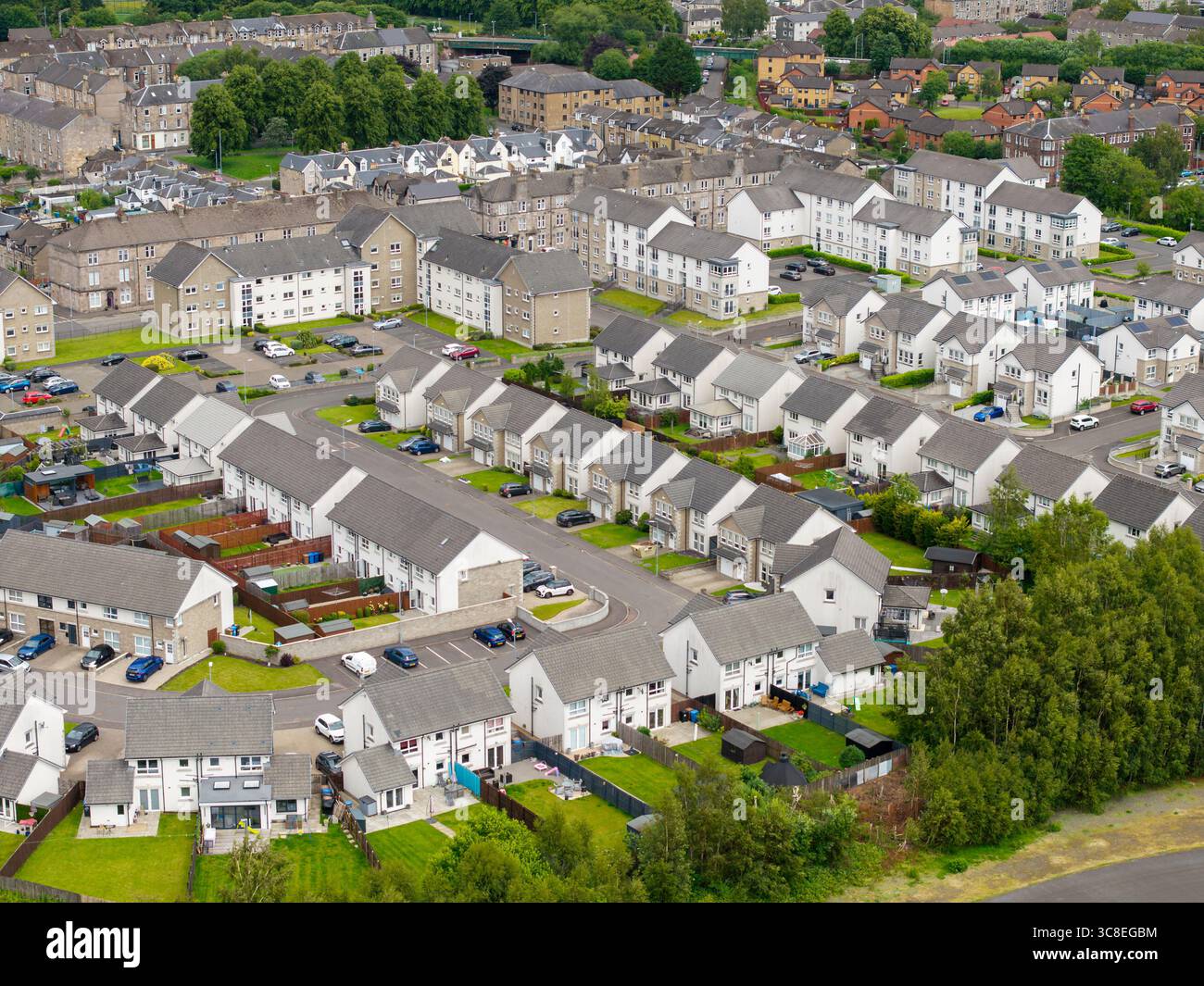 Aerial view of a modern new housing development in Dumbarton, Scotland ...