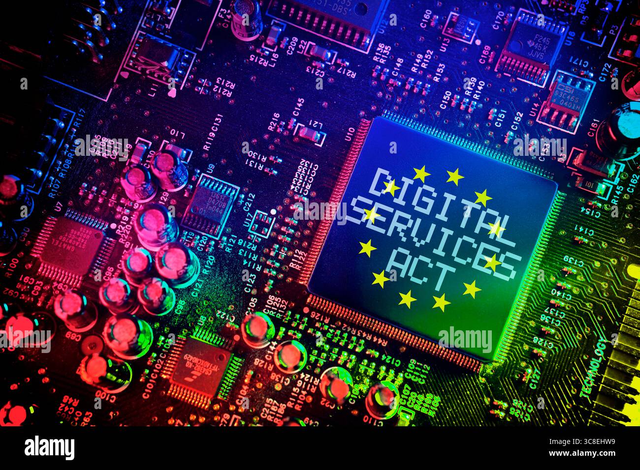 Computer chip with eu flag and inscription digital services act hi-res ...