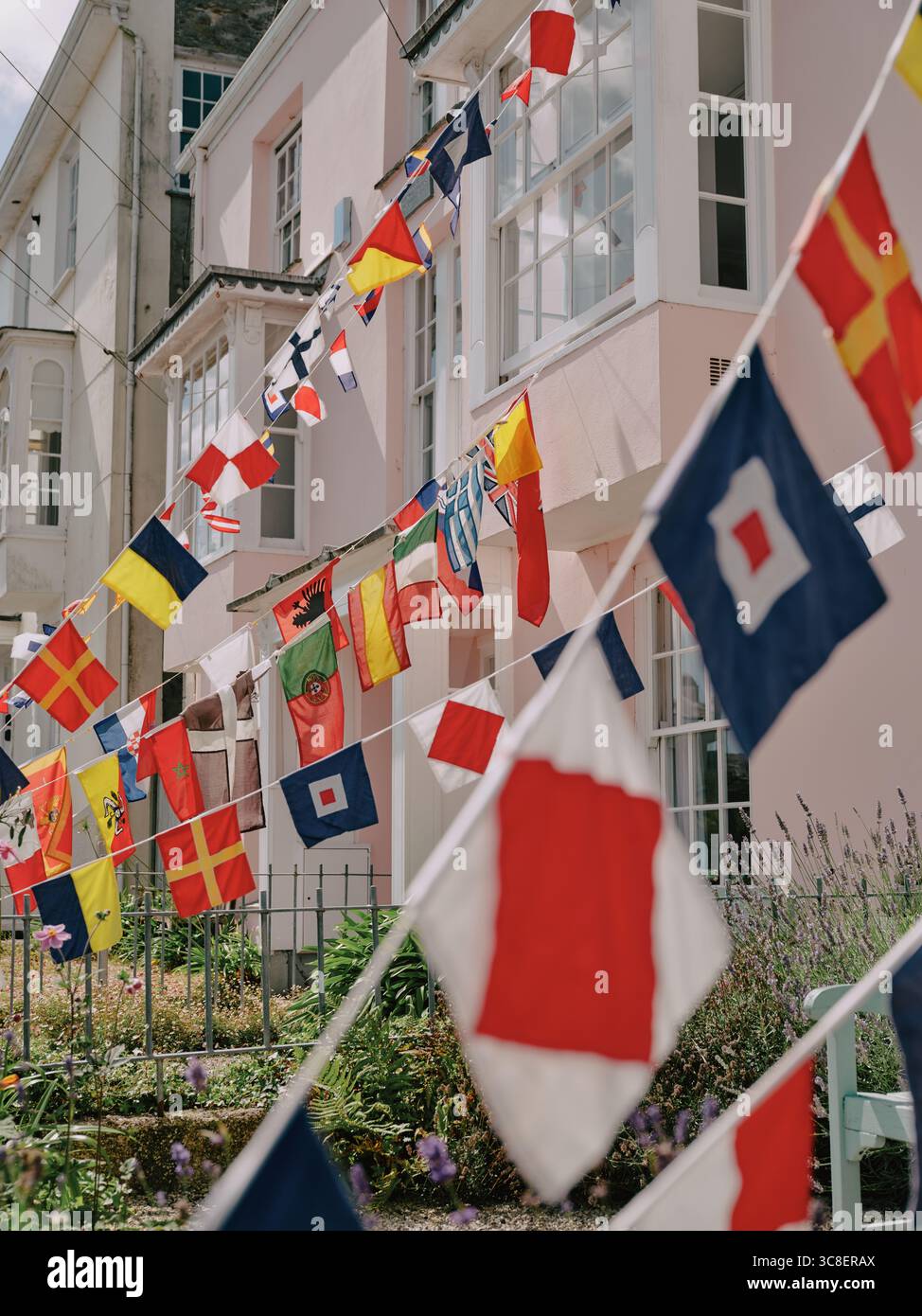 Maritime flag, also called naval flags decorating seafront terrace ...