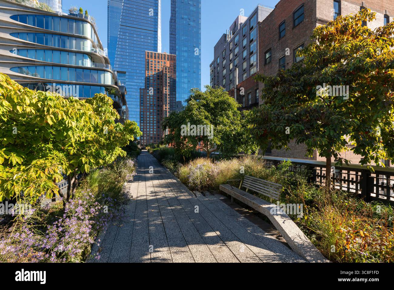 High Line park in Chelsea, New York City with Hudson Yards skyscrapers ...