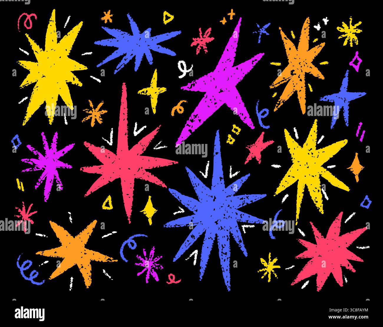 Vivid hand drawn stars and abstract shapes, fillers in various bright ...