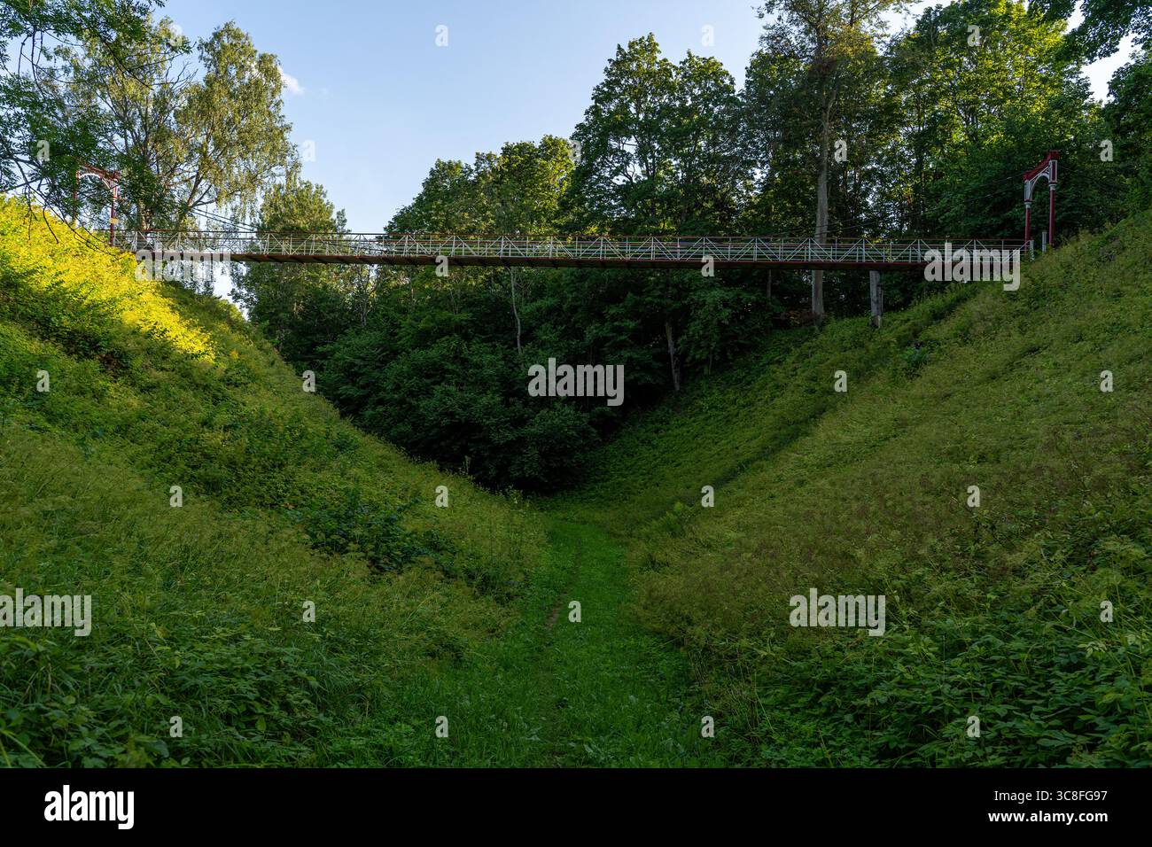 Suspension bridge in the castle hills of Viljandi, Estonia, historic pedestrian bridge ...