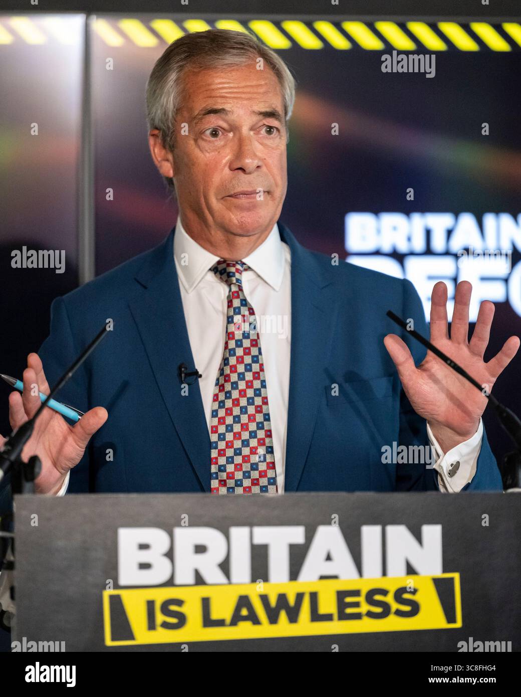 London, UK. 4 August 2025. Nigel Farage, Leader of Reform UK, at a ...