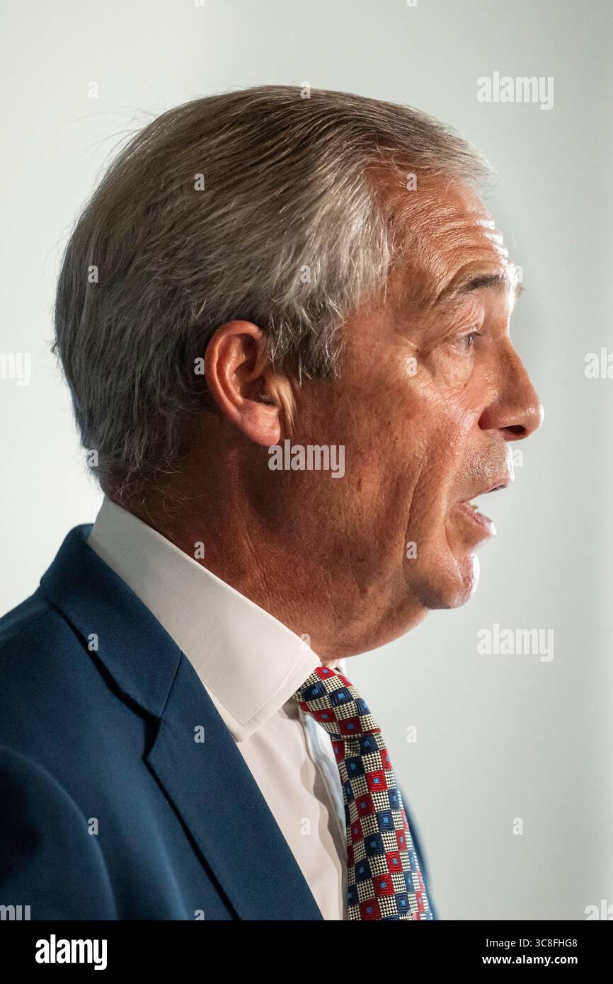 London, UK. 4 August 2025. Nigel Farage, Leader of Reform UK, at a ...