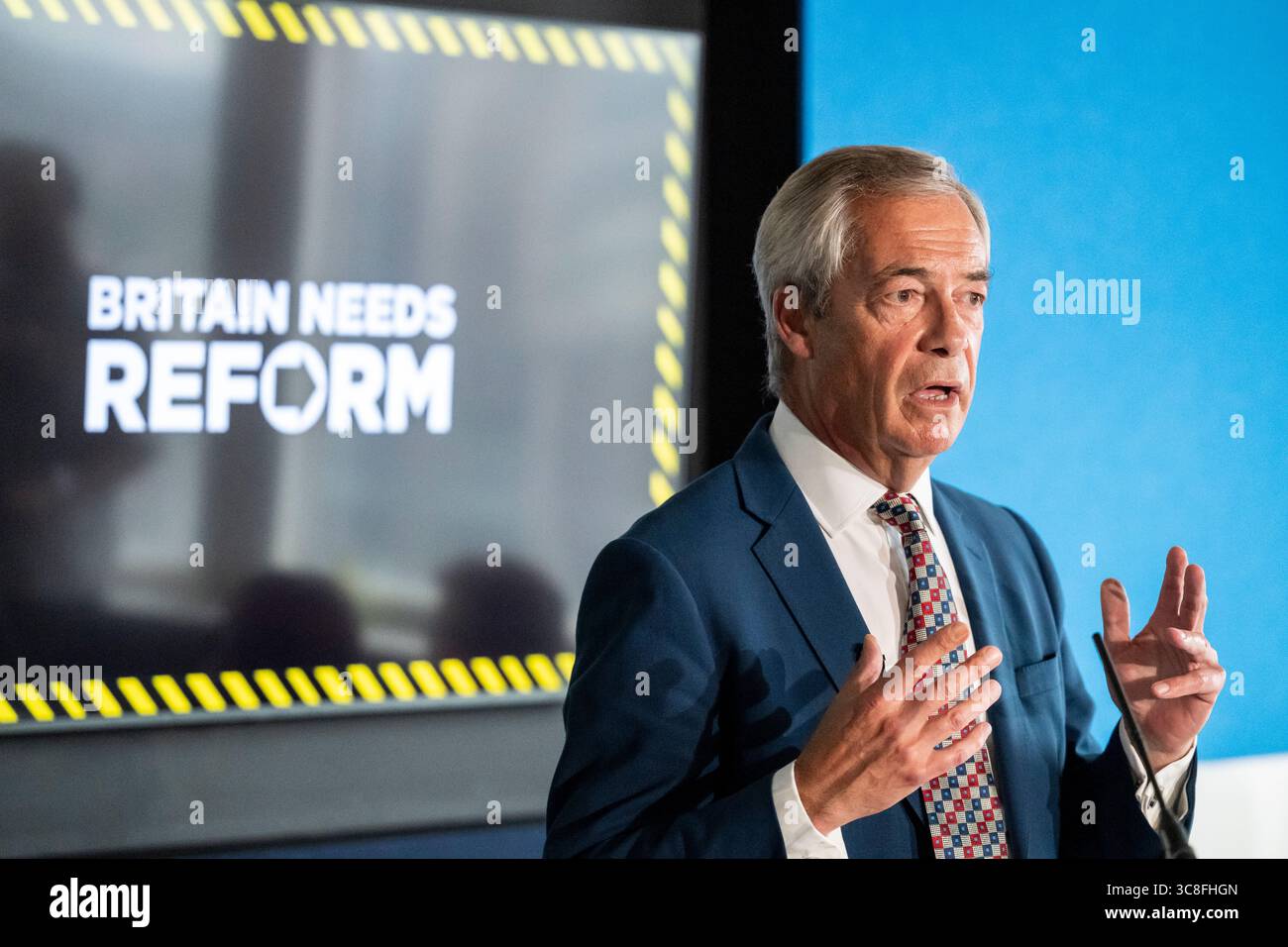 London, UK. 4 August 2025. Nigel Farage, Leader of Reform UK, at a ...