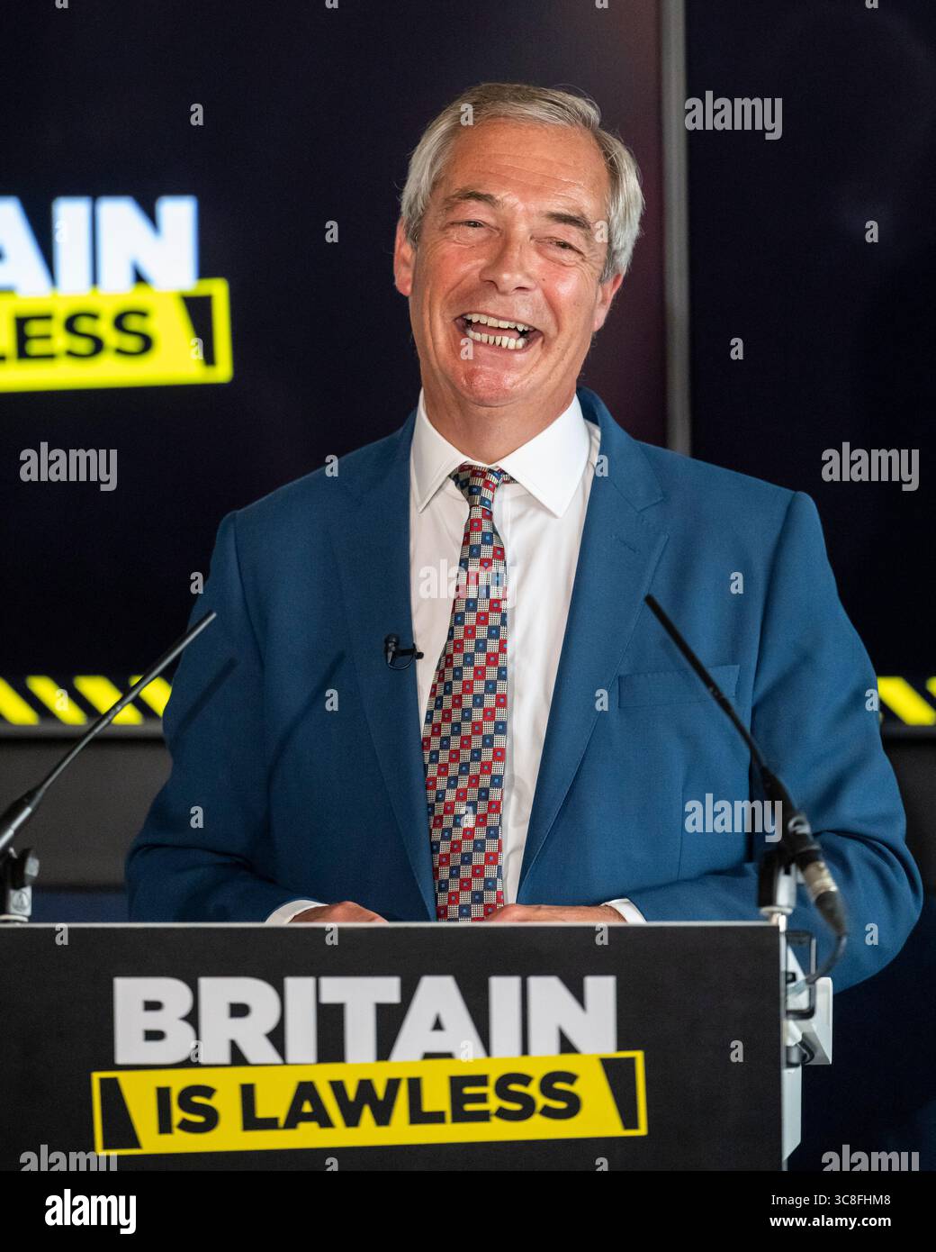 London, UK. 4 August 2025. Nigel Farage, Leader of Reform UK, at a ...