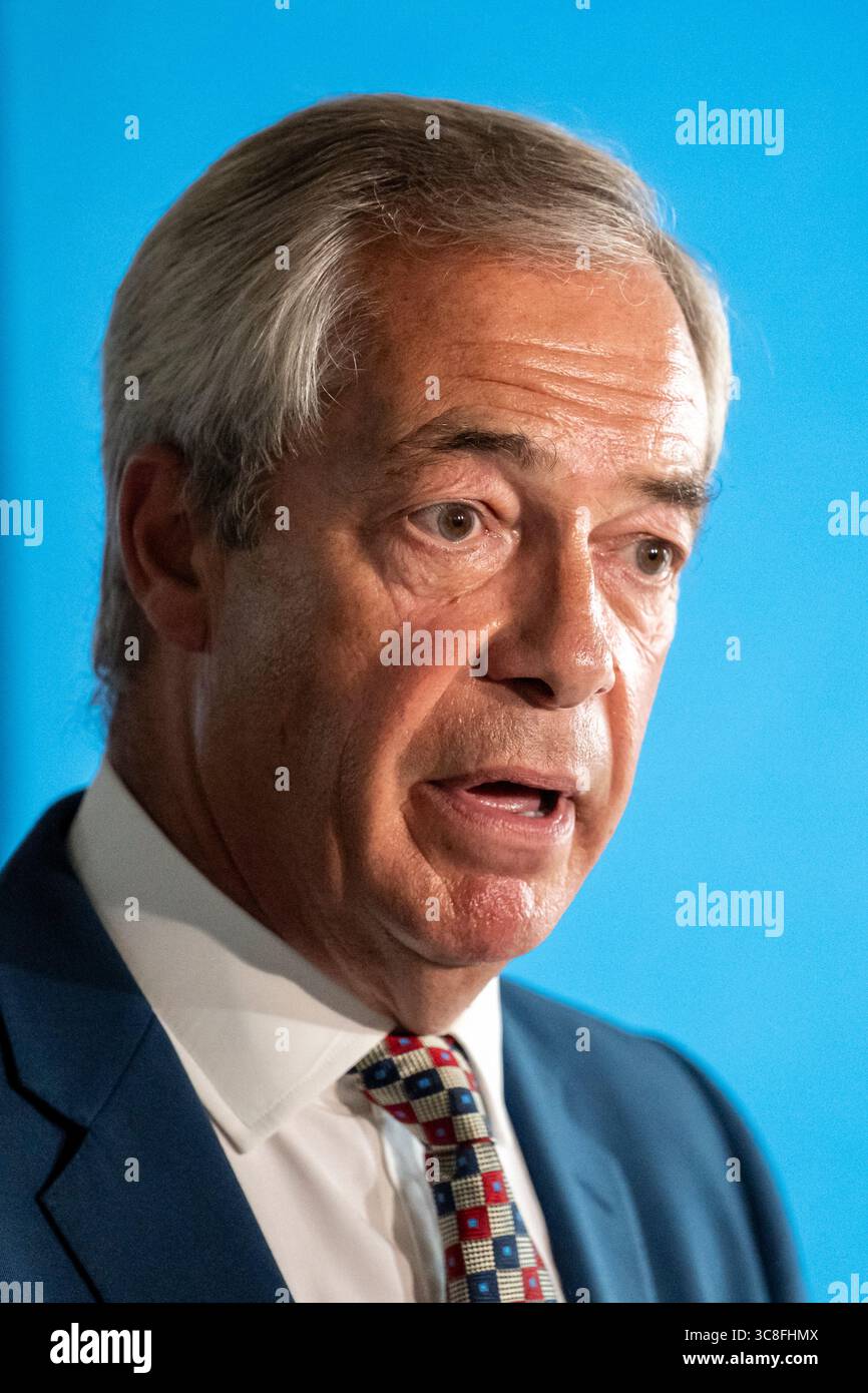 London, UK. 4 August 2025. Nigel Farage, Leader of Reform UK, at a ...