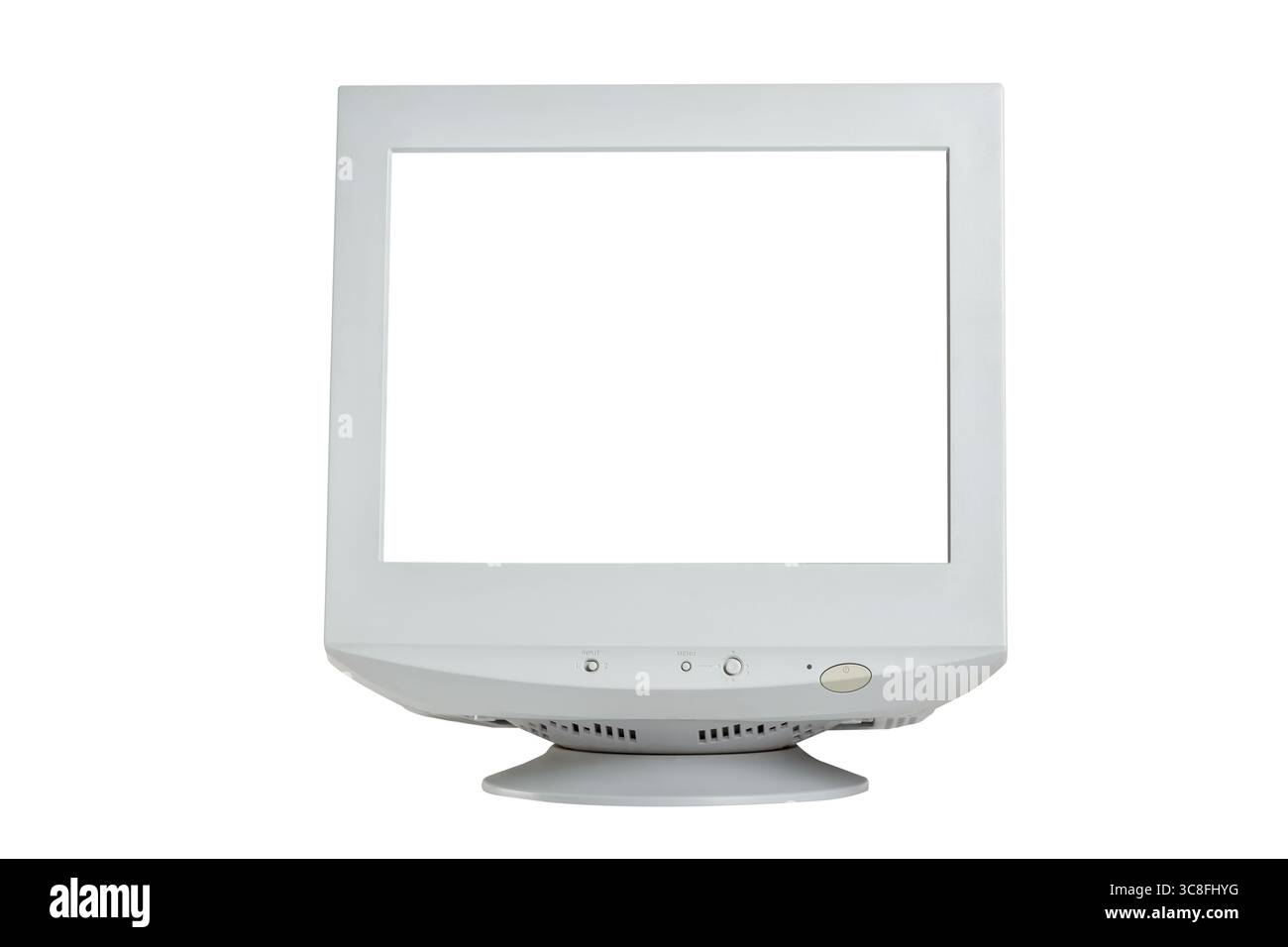Old retro CRT monitor display with blank white screen isolated on white ...