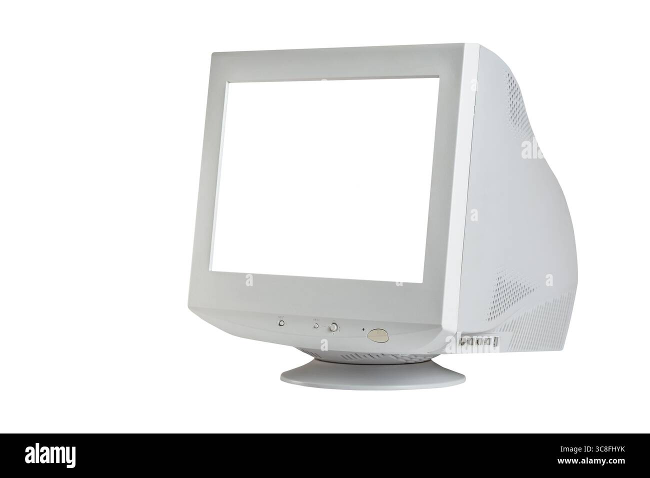 Old retro CRT monitor display with blank white screen isolated on white ...