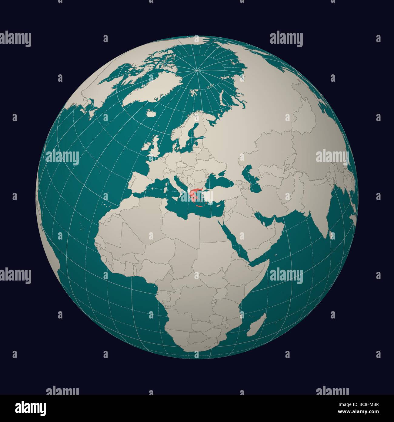 Hellenic Republic on the map. Globe centered on Greece. Country ...