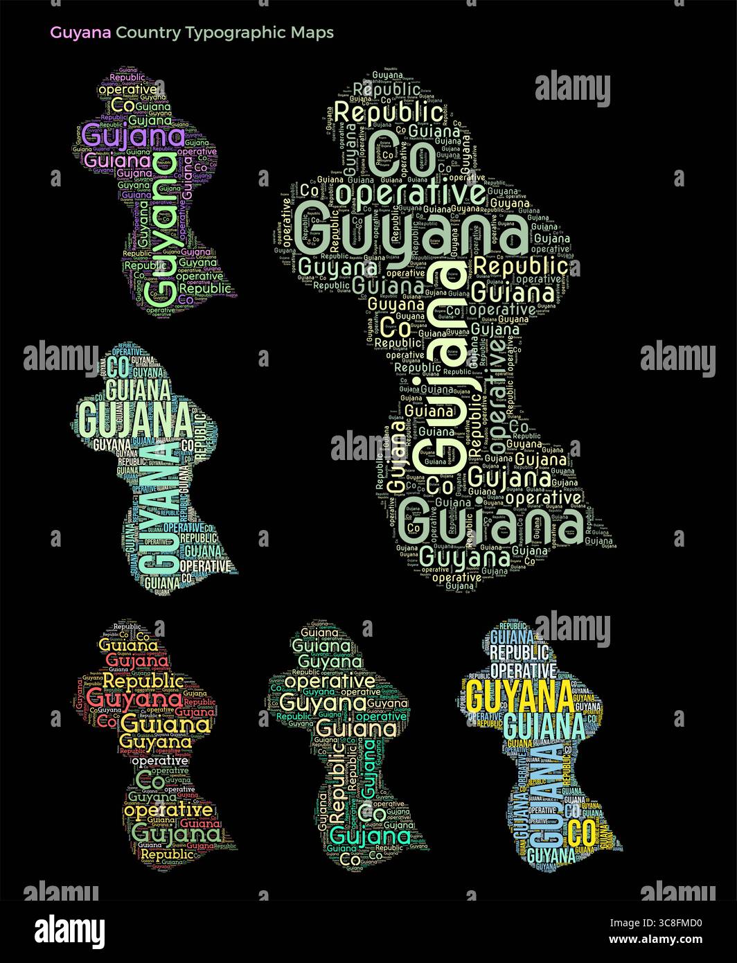 Guyana. Set of typography style country illustrations. Guyana map shape ...