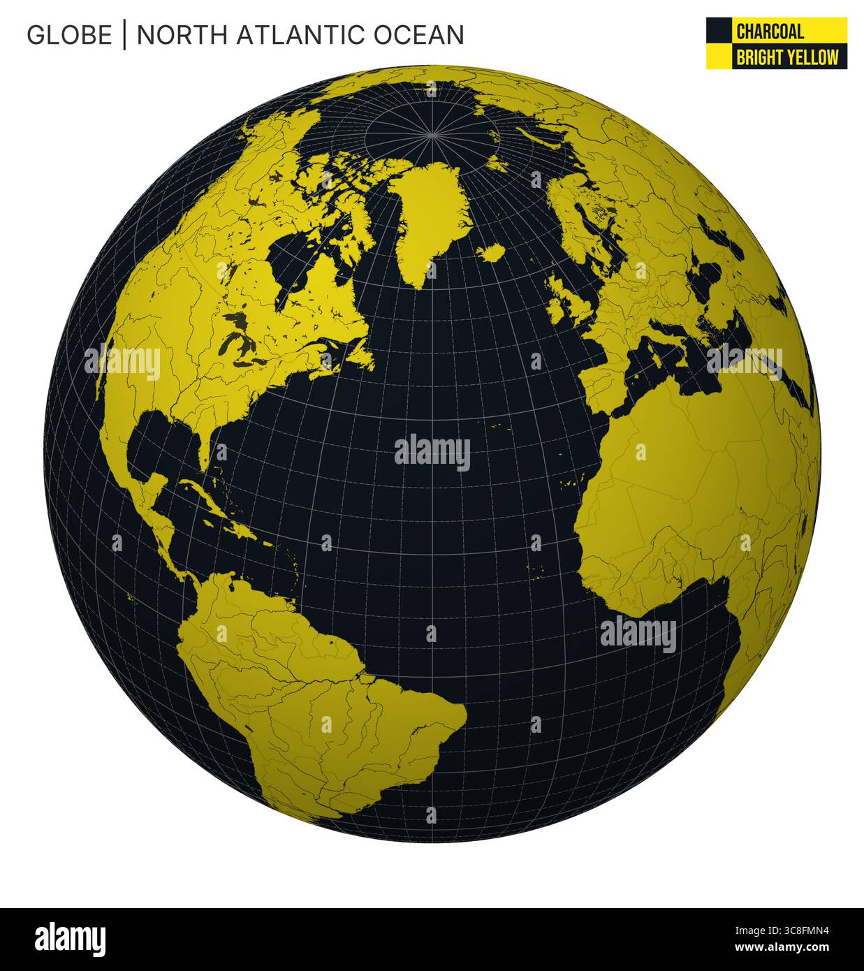 Vector globe centered on the North Atlantic Ocean. Charcoal and bright ...
