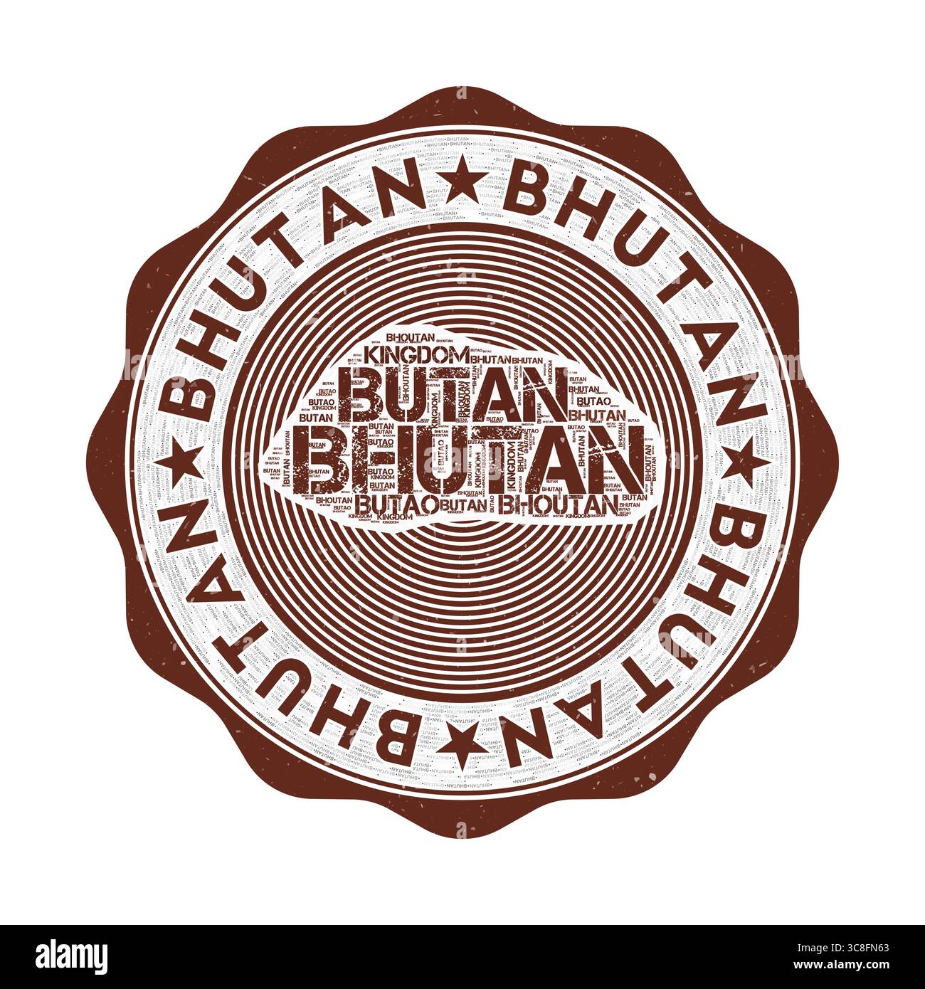 Bhutan seal. Country round logo with the shape of Bhutan and the ...