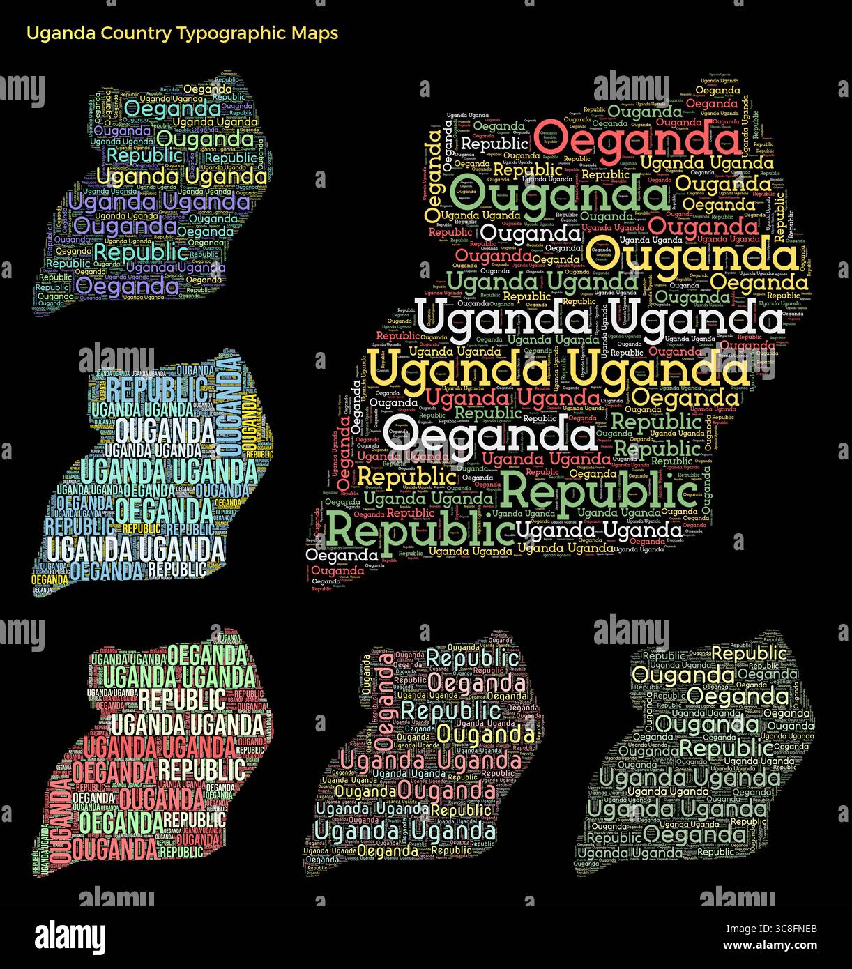 Uganda. Set of typography style country illustrations. Uganda map shape ...