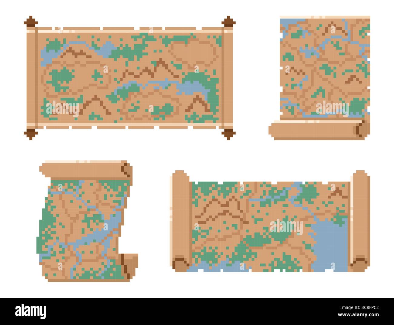 Pixel scroll maps. Ancient papyrus with locations, 8 bit retro game ...