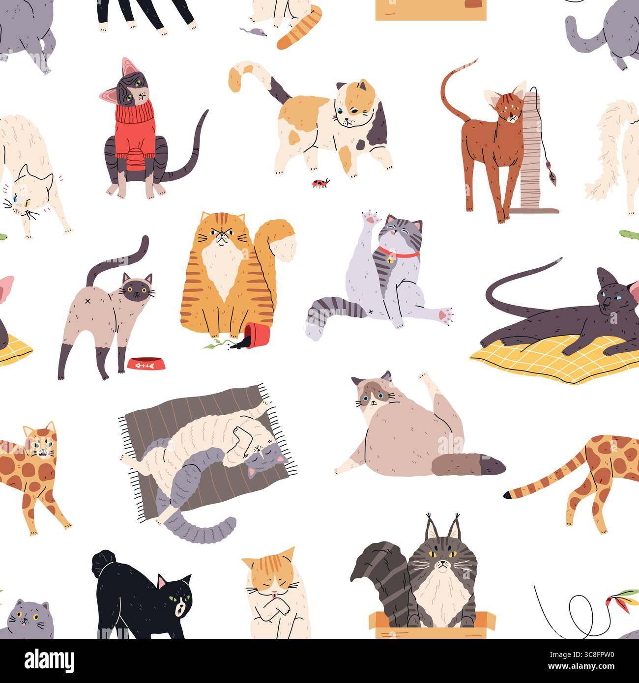 Cute cats seamless pattern. Repeated funny pets, different breeds and ...
