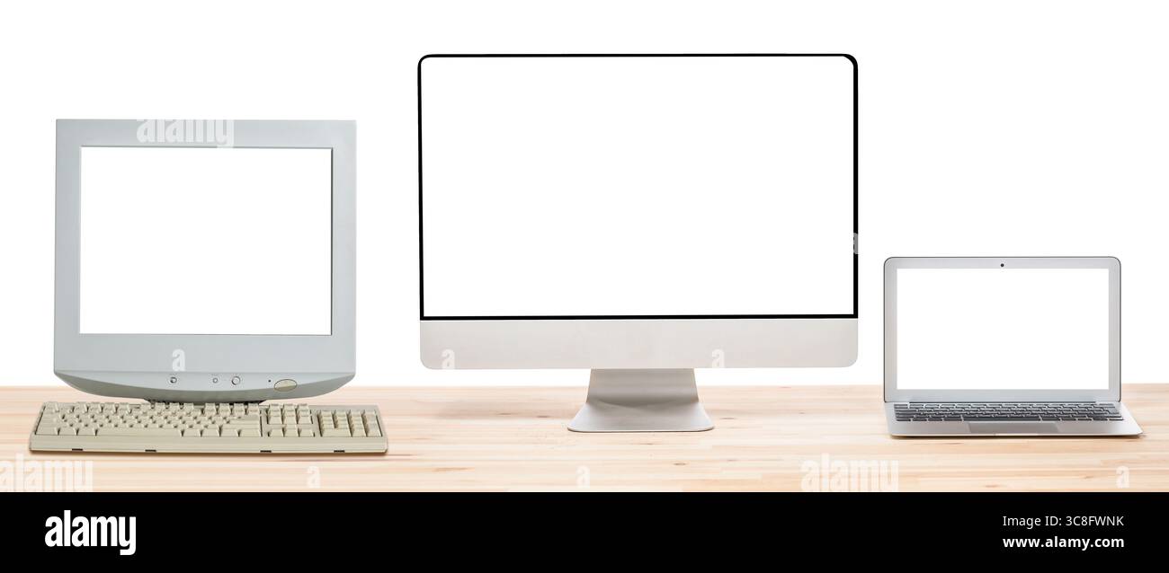 Conceptual workspace or business concept. Laptop computer, retro CRT ...