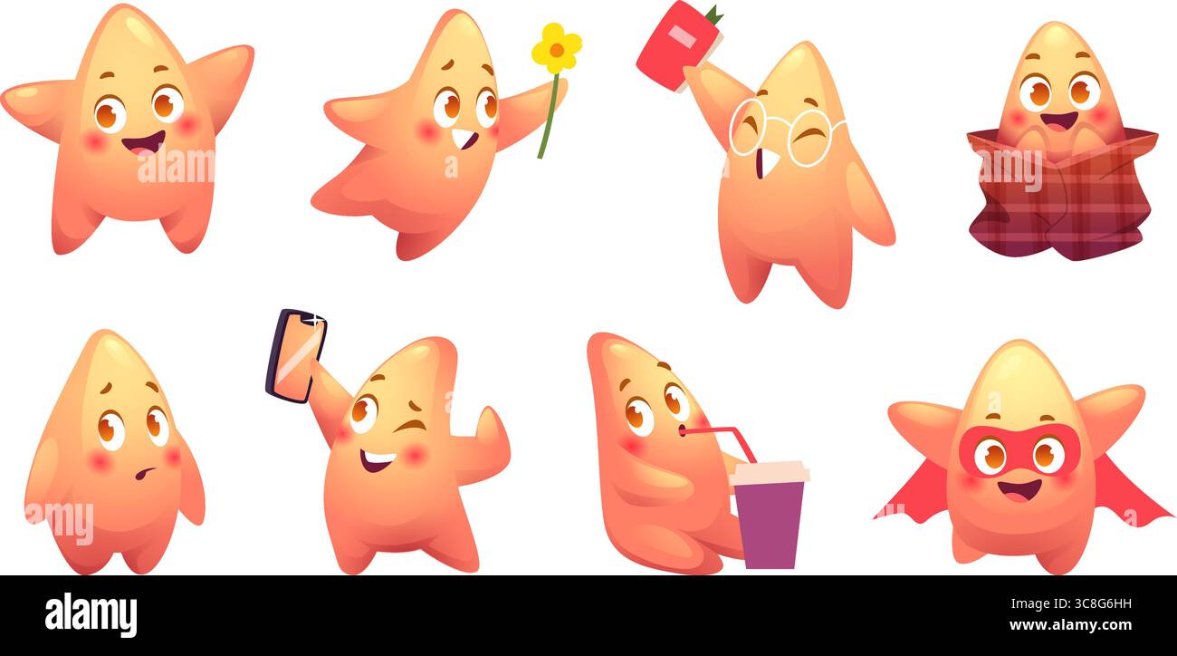 Stars mascot. Cute little stars with different emotion on face ...