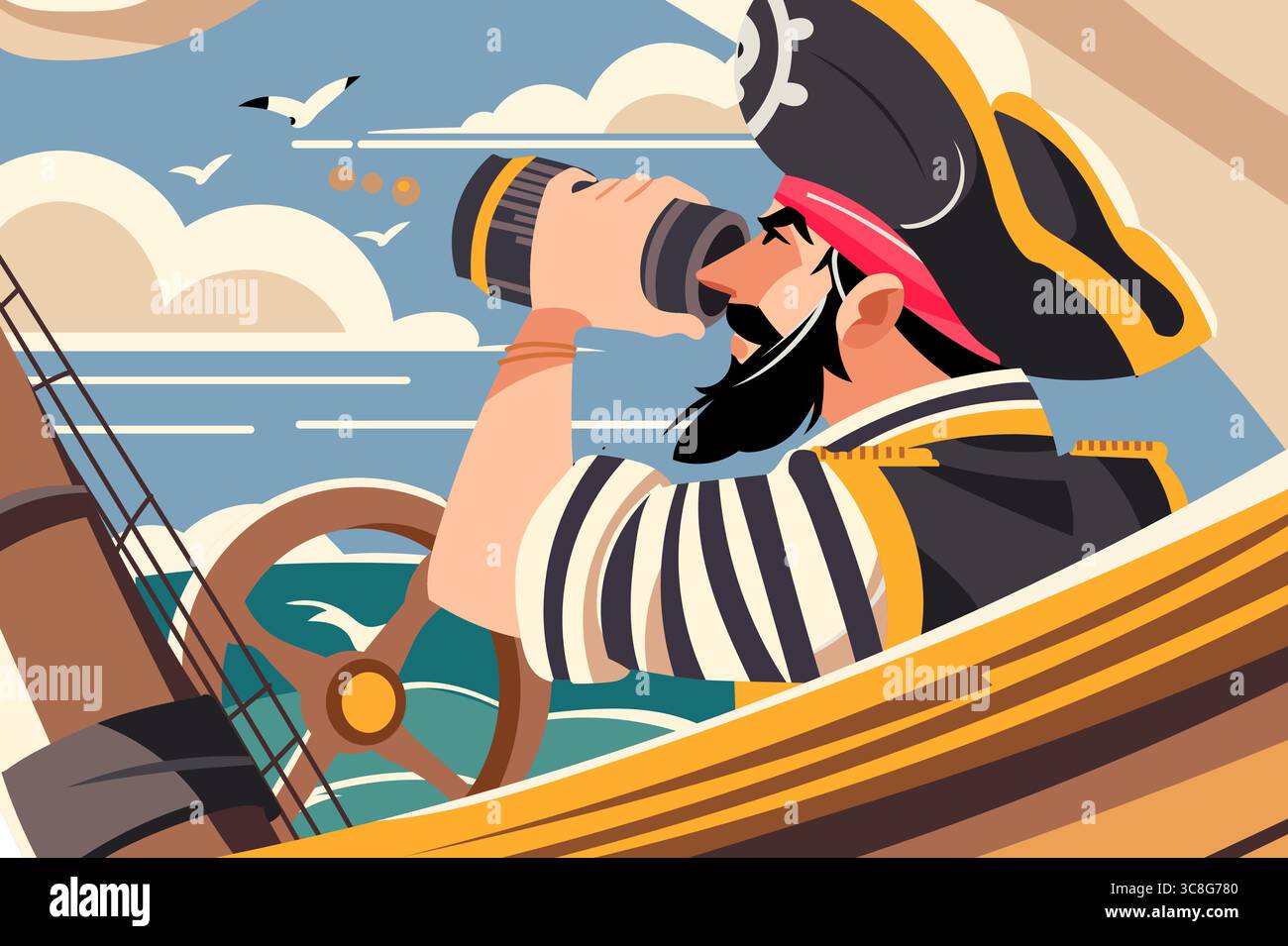 Cartoon pirate captain with a beard looking through a spyglass while ...