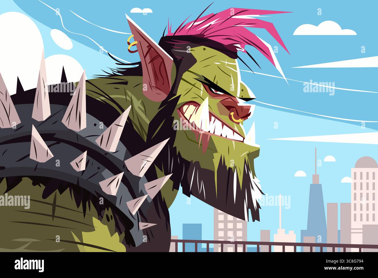 Aggressive green orc with a pink mohawk, piercings, and a spiked ...