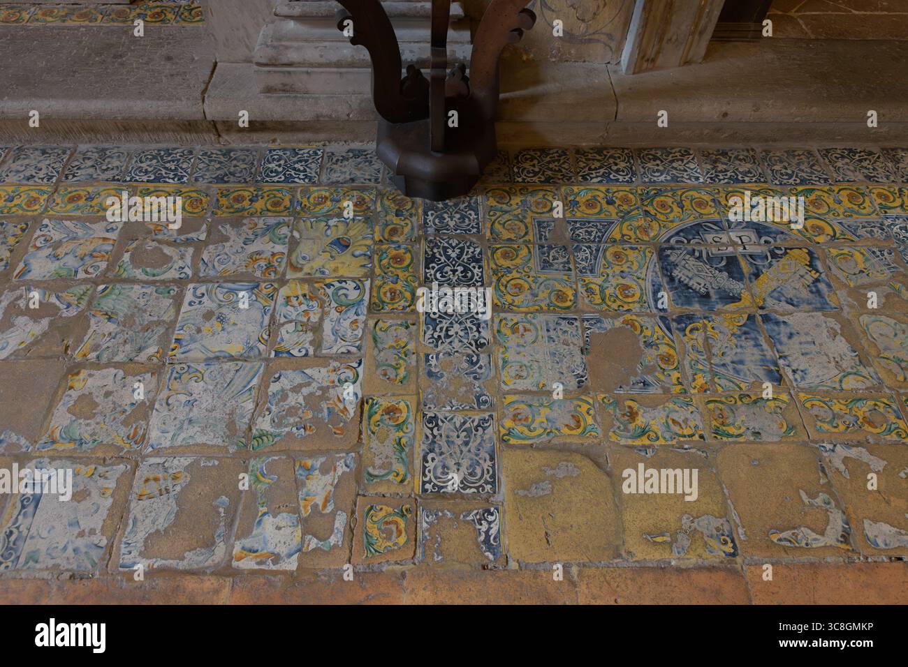 Detail of Renaissance polychrome maiolica floor tiles in the sacristy ...