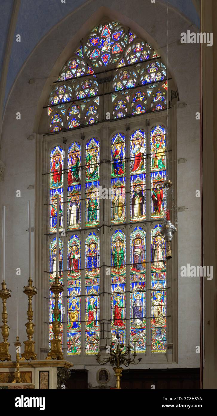 Stained glass window in the Basilica di San Domenico in Perugia, Italy ...