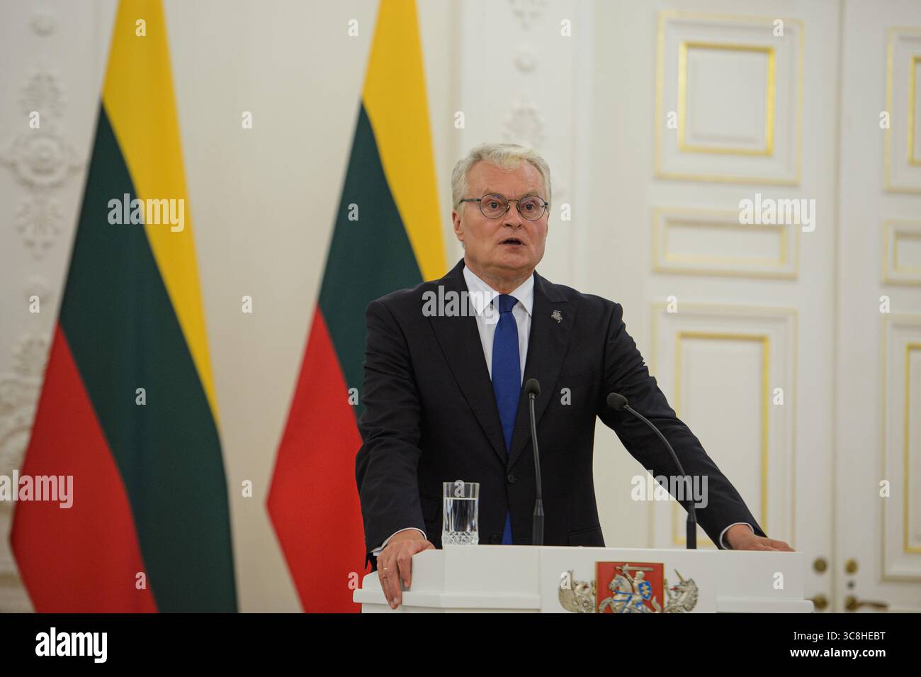 Lithuanian President Gitanas Nauseda gives a press statement after the ...