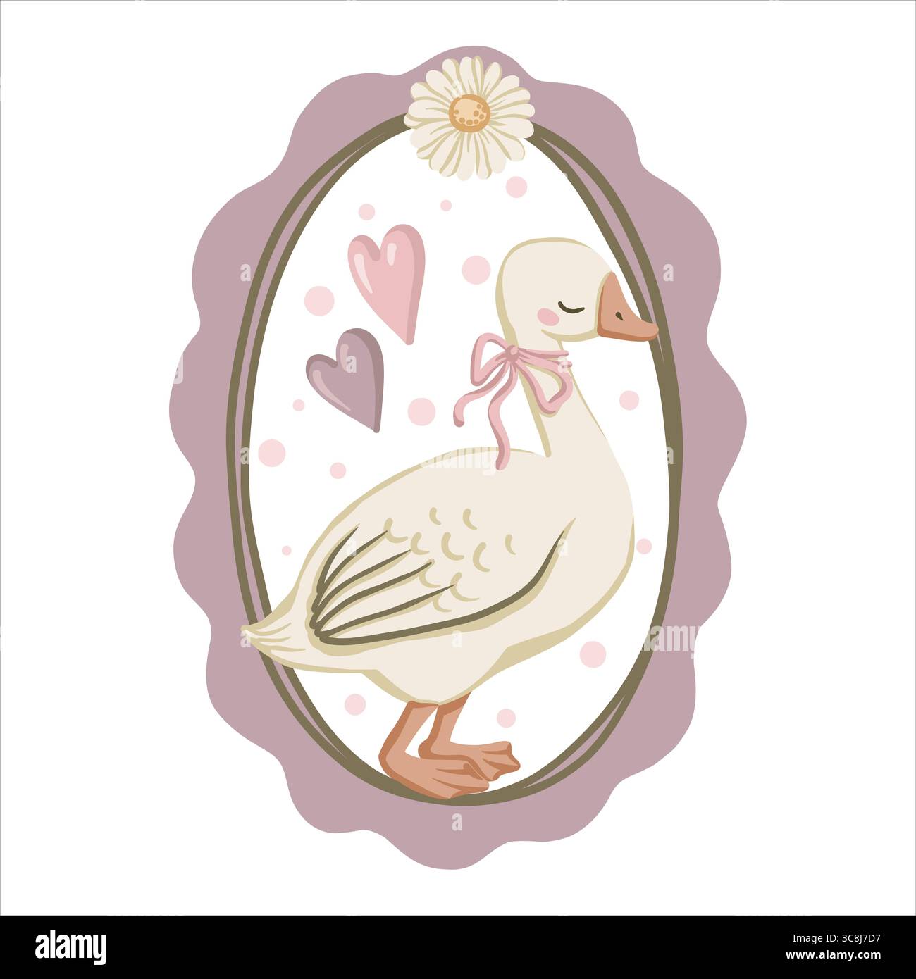 Vintage cute goose design with bow and heart on wavy background. White ...