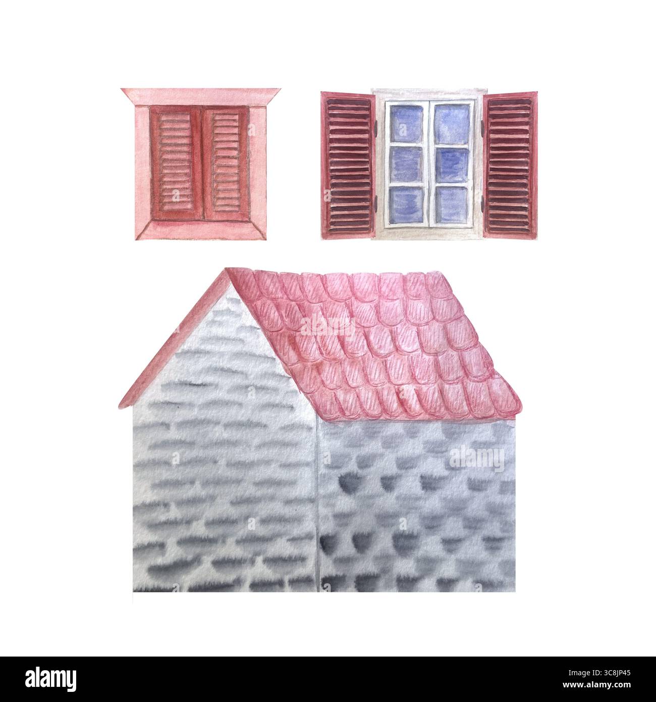 Stone house with pink tiled roof, side view and windows with shutters ...