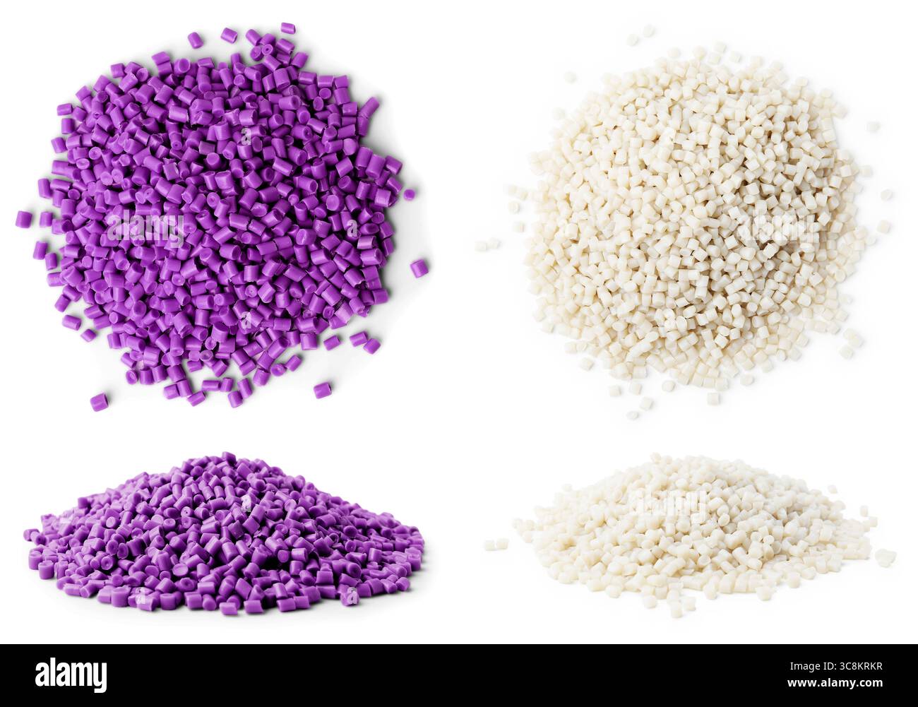 Plastic granules in different colors, top and side view. Piles on white ...