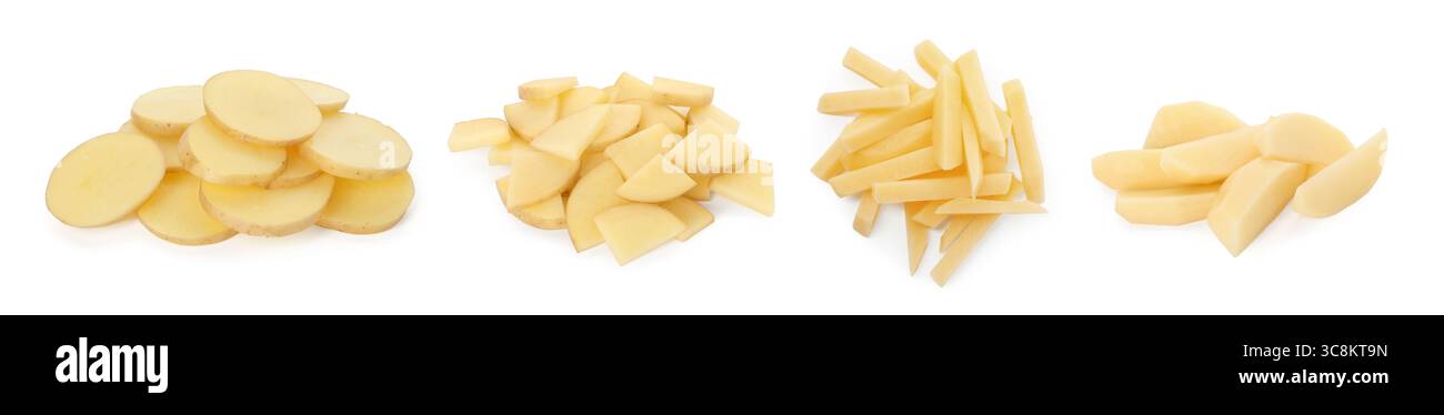 Fresh potato slices isolated on white, set. Different types of cuts ...