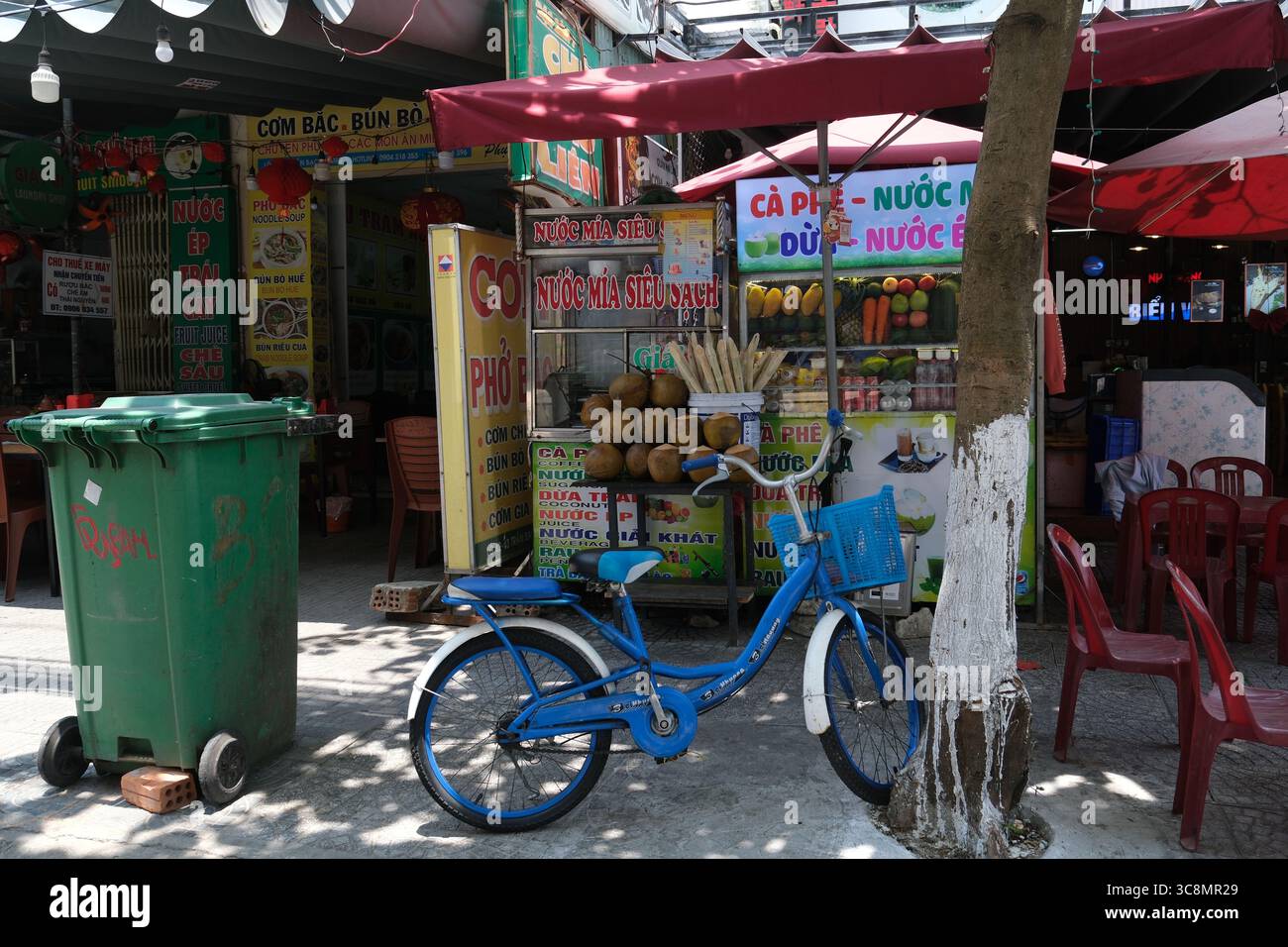 green trash can and bicycle small street cafe with coconuts and ...