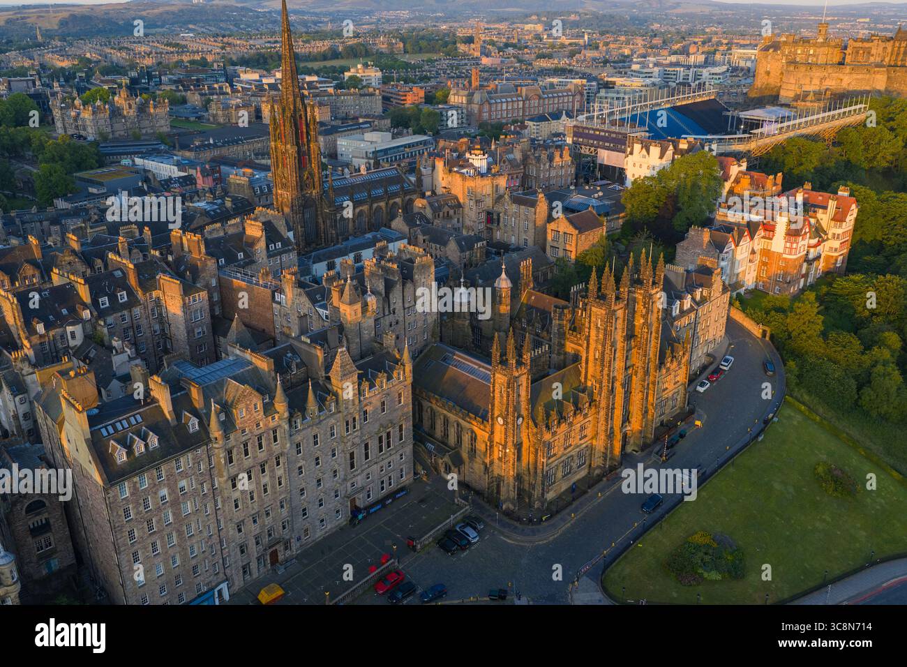 Aerial image of Edinburgh Old Town Cityscape touched by the golden ...