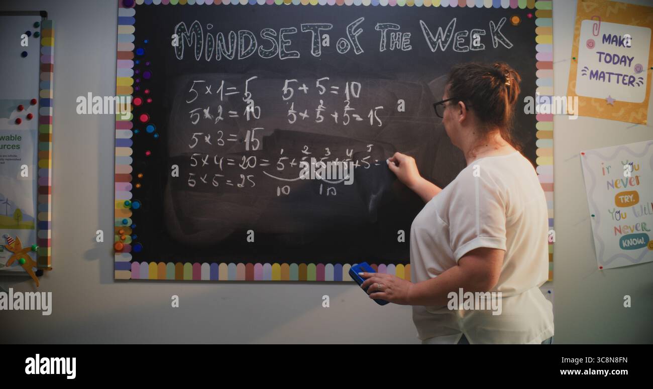 Female Teacher Writing Multiplication Table on Chalkboard, Teaching ...